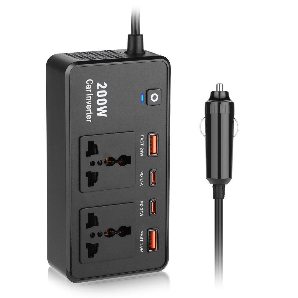 Автомобильный преобразователь постоянного тока с 12 В в 220 В переменного тока с USB-портами для планшетов и мобильных устройств