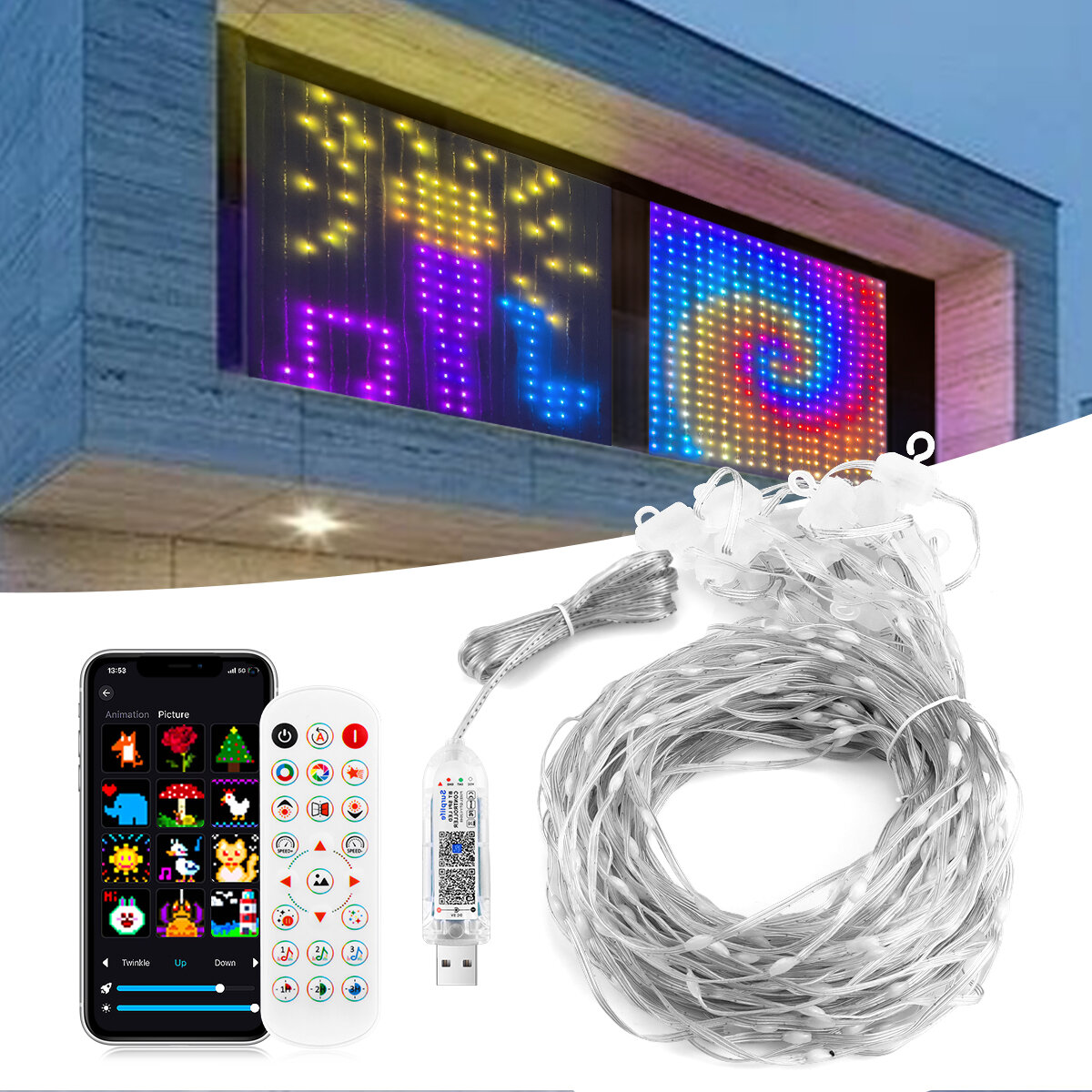 2Mx2M, Программируемая многоцветная светодиодная лента Bluetooth с USB-питанием 5 В и пультом дистанционного управления, подходит для штор, праздничных украшений и окон
