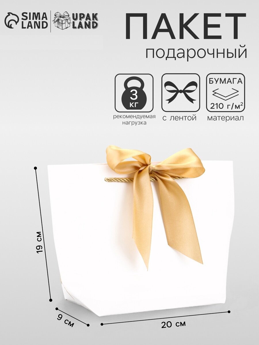 Пакет подарочный ламинированный, с лентой «Белый», горизонтальный, 19×20×9 см
