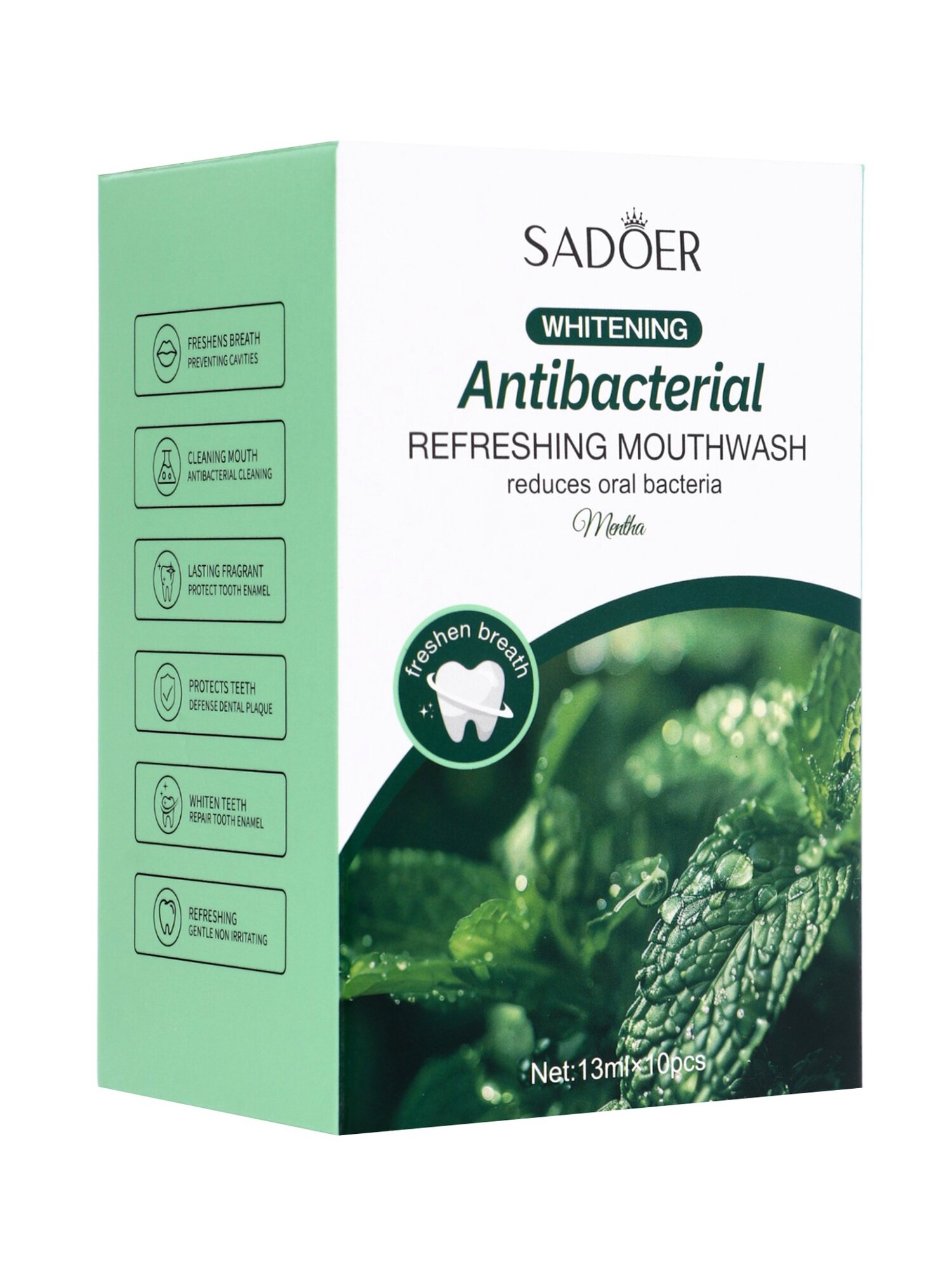 Ополаскиватель для полости рта антибактериальный SADOER, мята, 10 шт. по 13 мл