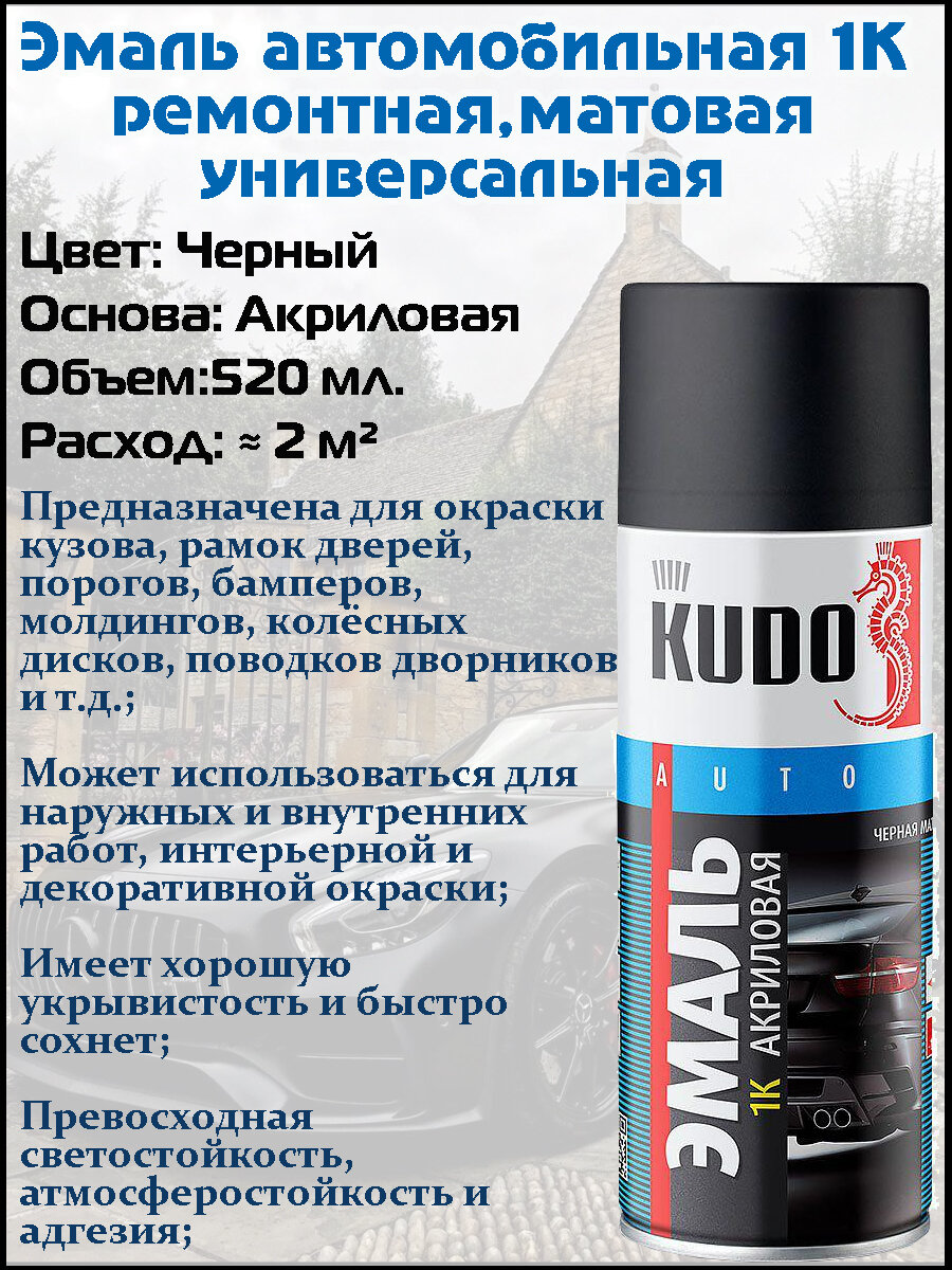 KUDO Аэрозольная краска Быстросохнущая, Гладкая, до 80°, Акриловая, Матовое покрытие, 0.52 л, черный матовый