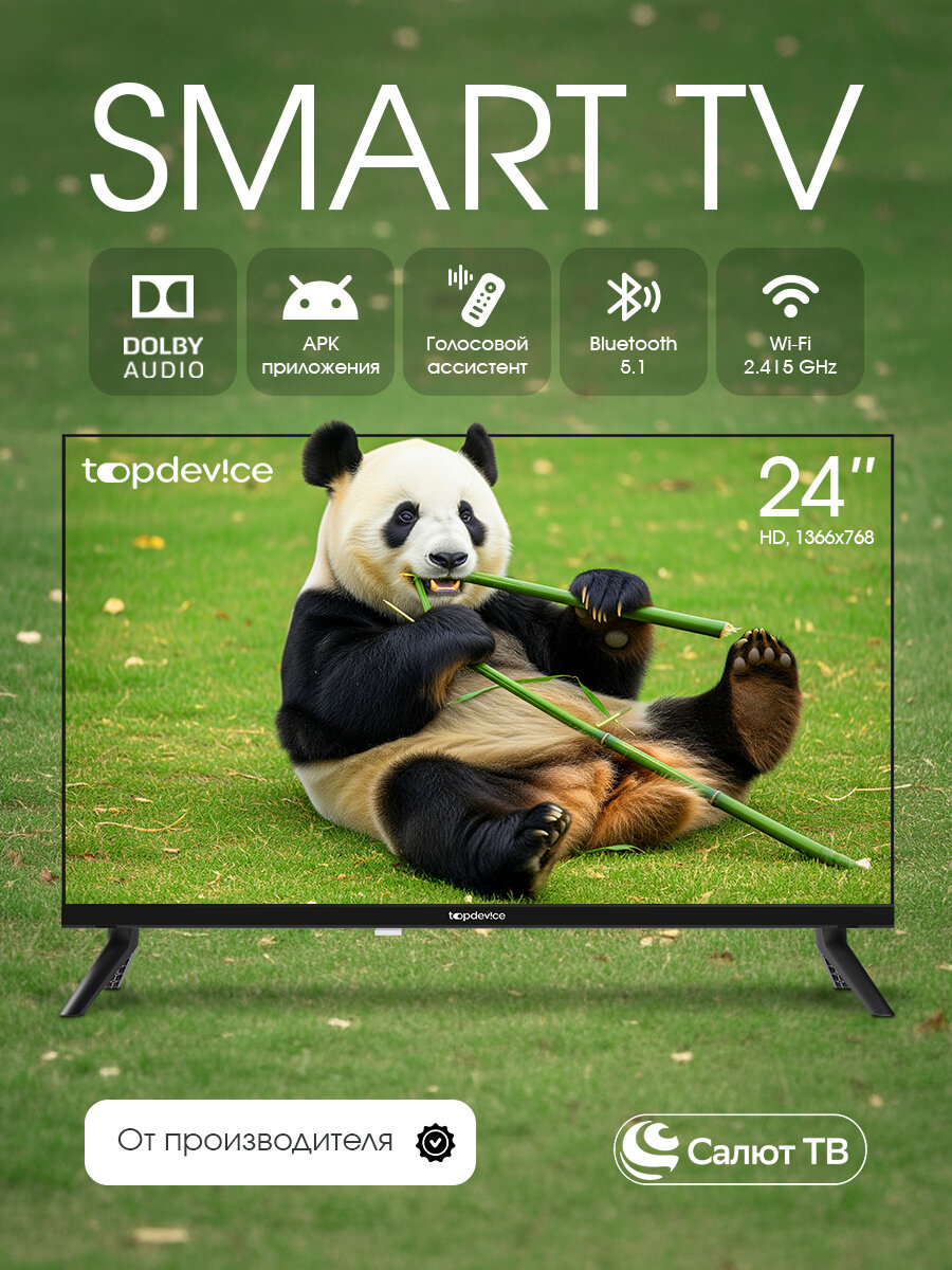 Телевизор Topdevice TV 24″, HD, IPS матрица, Smart Салют ТВ, Wi-Fi, Bluetooth 5.1, черный (TDHTV24SHD_BK)