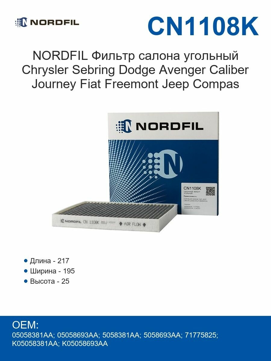 NORDFIL Фильтр салона угольный Chrysler Sebring Dodge Avenger Caliber Journey Fiat Freemont Jeep Compas