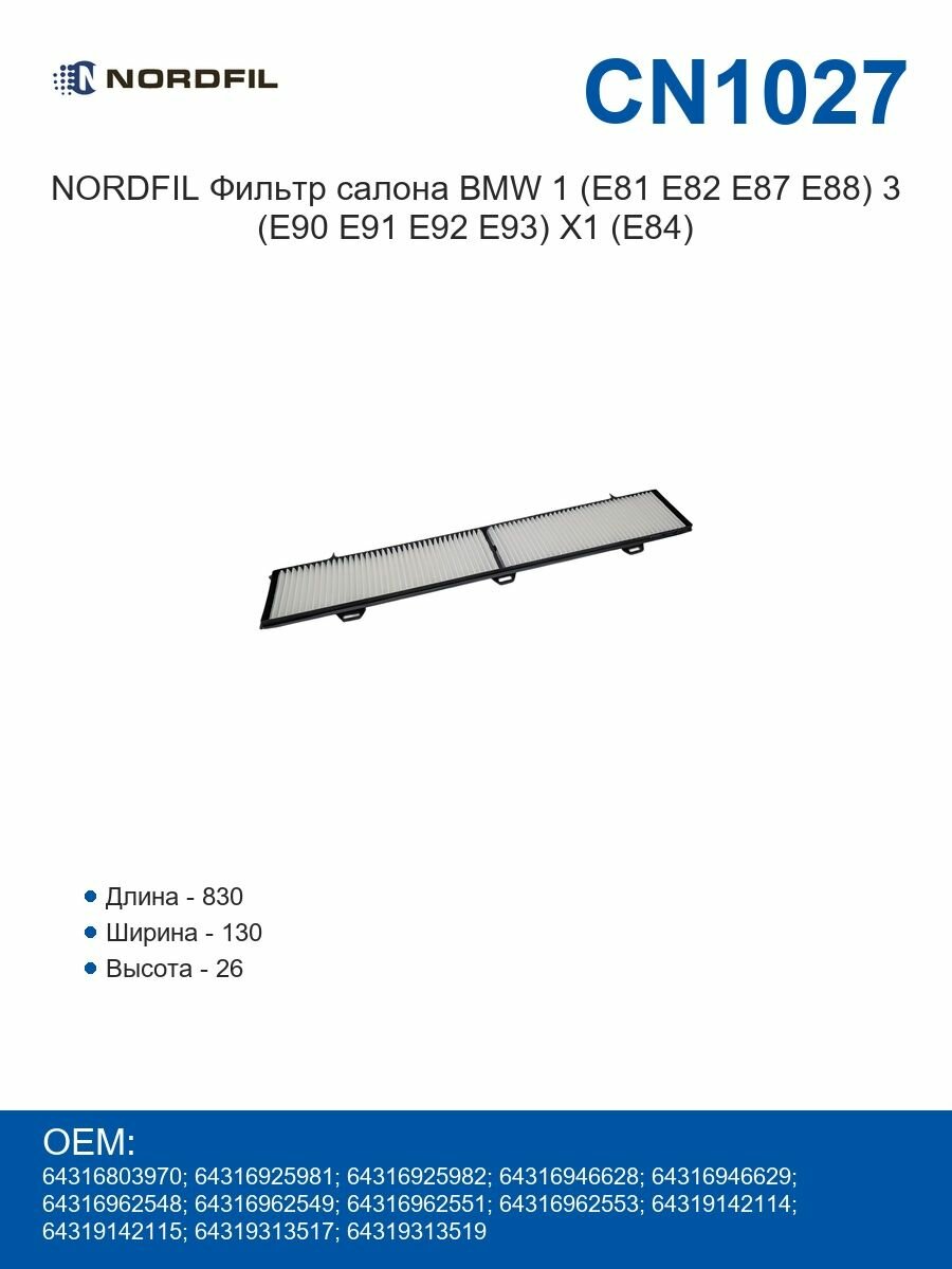NORDFIL Фильтр салона BMW 1 (E81 E82 E87 E88) 3 (E90 E91 E92 E93) X1 (E84)