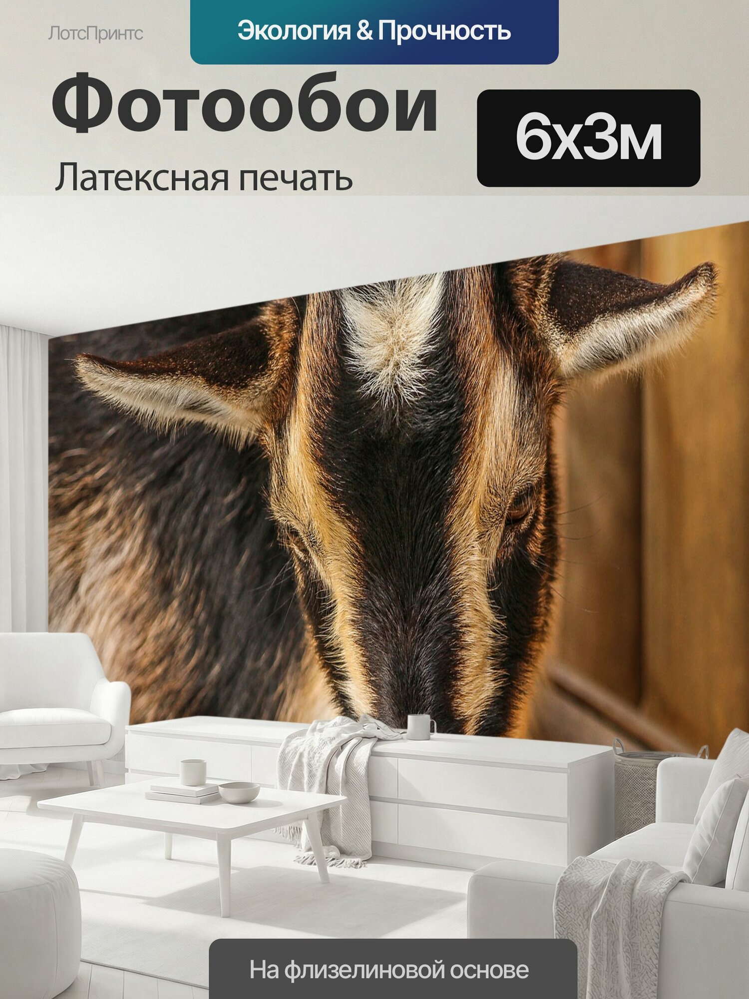 Фотообои моющиеся ударопрочные "Козы, ягнята, детка" 600x300 см. латексная печать