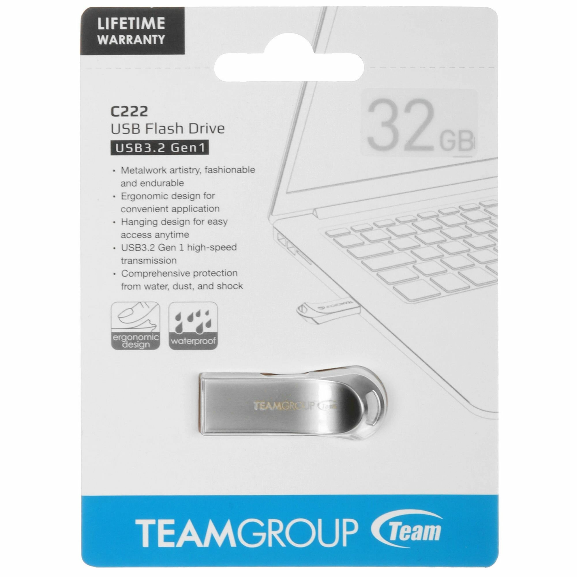 Память USB Flash 32 ГБ TEAM Group C222 (TC222332GS01) - USB3.2, USB Type-A, чтение до - 100 МБ/с