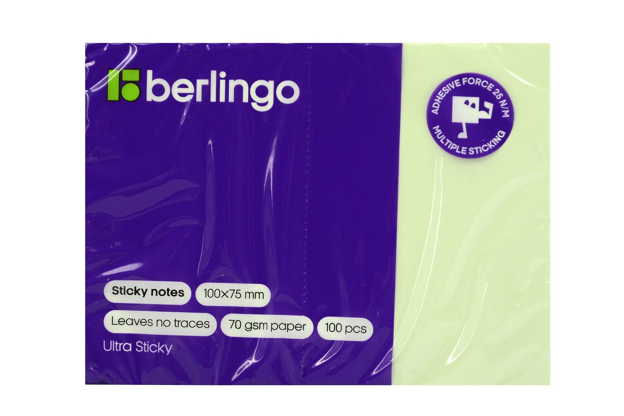Блок бумаги 75*100 "Ultra Sticky" самоклеящийся зеленый 100л, Berlingo