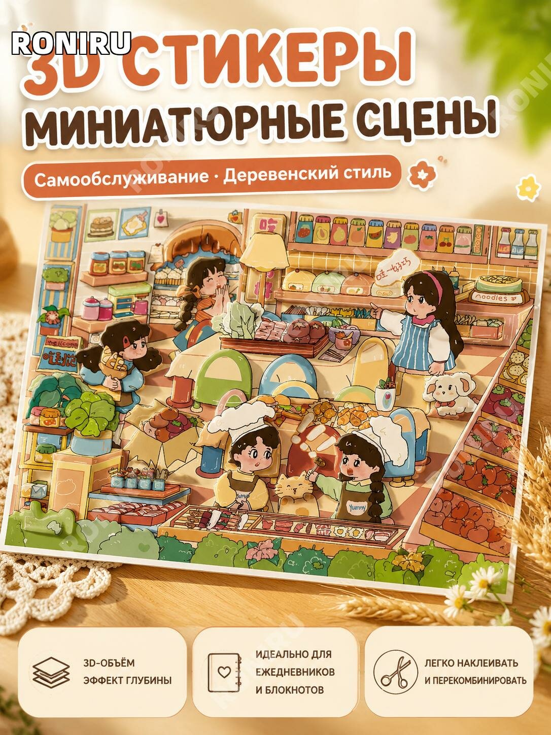 3D наклейки из PET для рукоделия, пасторальный стиль, самообслуживание еды