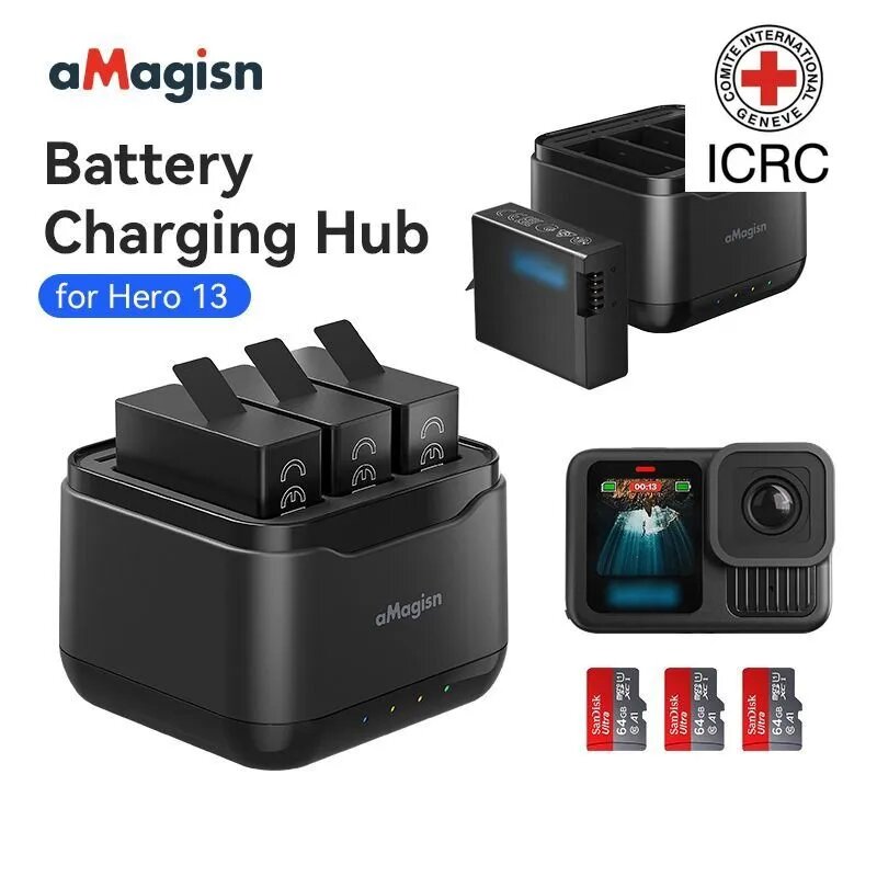 AMagisn Для док-станции для зарядки аккумулятора GoPro13 Аксессуары для экшн-камеры Hero13 с тройным зарядным устройством