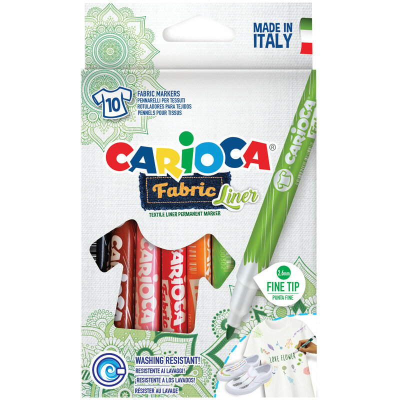 Набор фломастеров для ткани Carioca "Fabric Liner" 10цв, картон. уп, европодвес, 262626