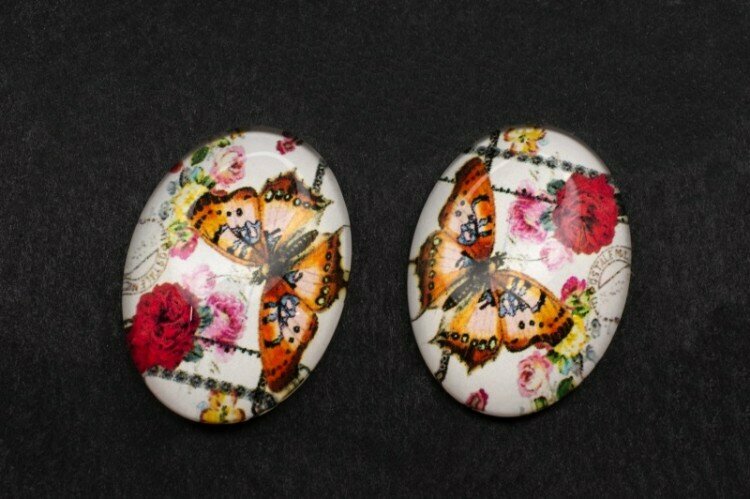 Кабошон стеклянный овальный с принтом Бабочка 25х18х6мм, цвет разноцветный, 2001-019, 1шт
