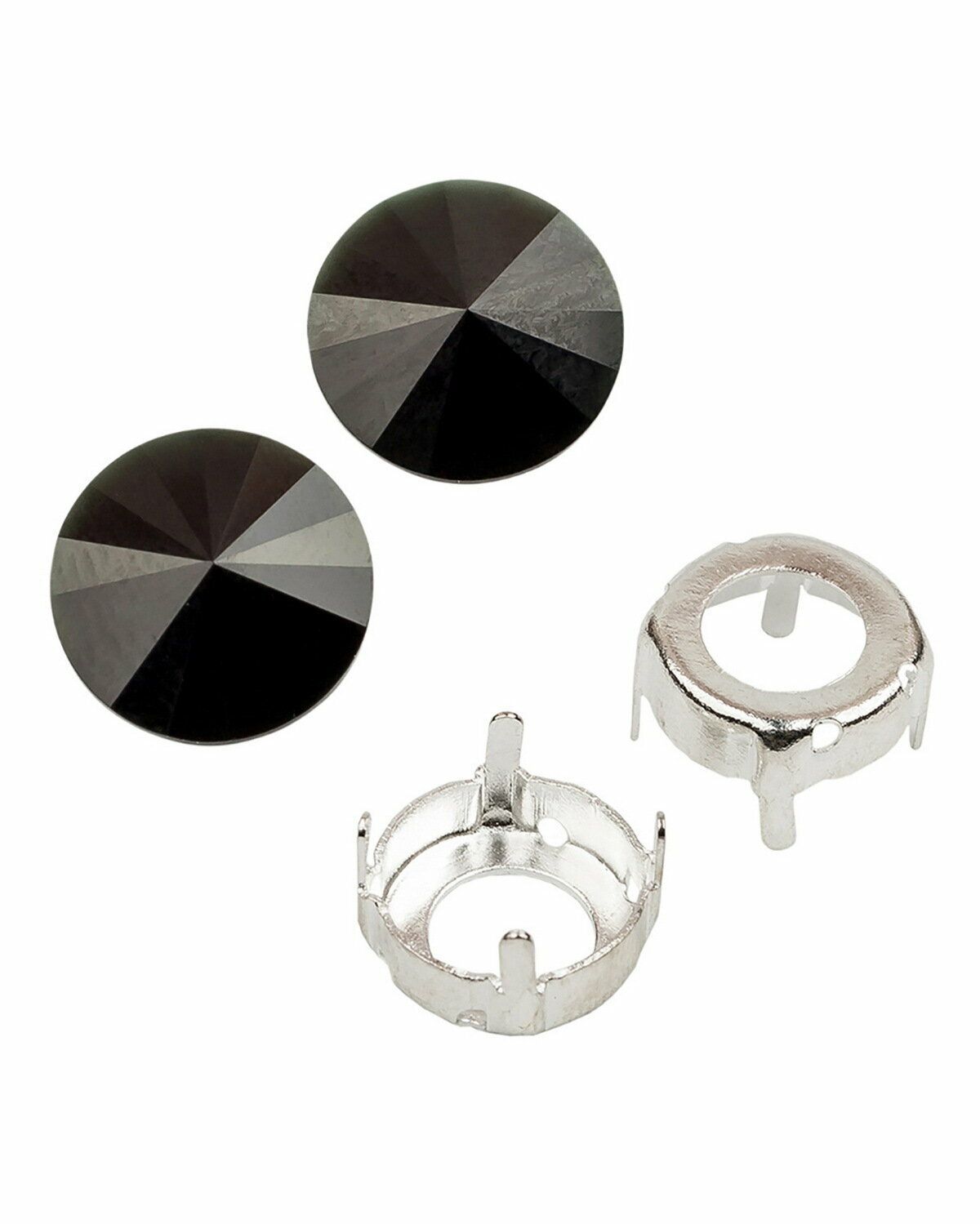 Swarovski Rivoli, размер 12 мм, цвет: Jet Unfoiled (#280), 2 шт. + оправа с цапами и отверстиями для пришивания, 2 шт.