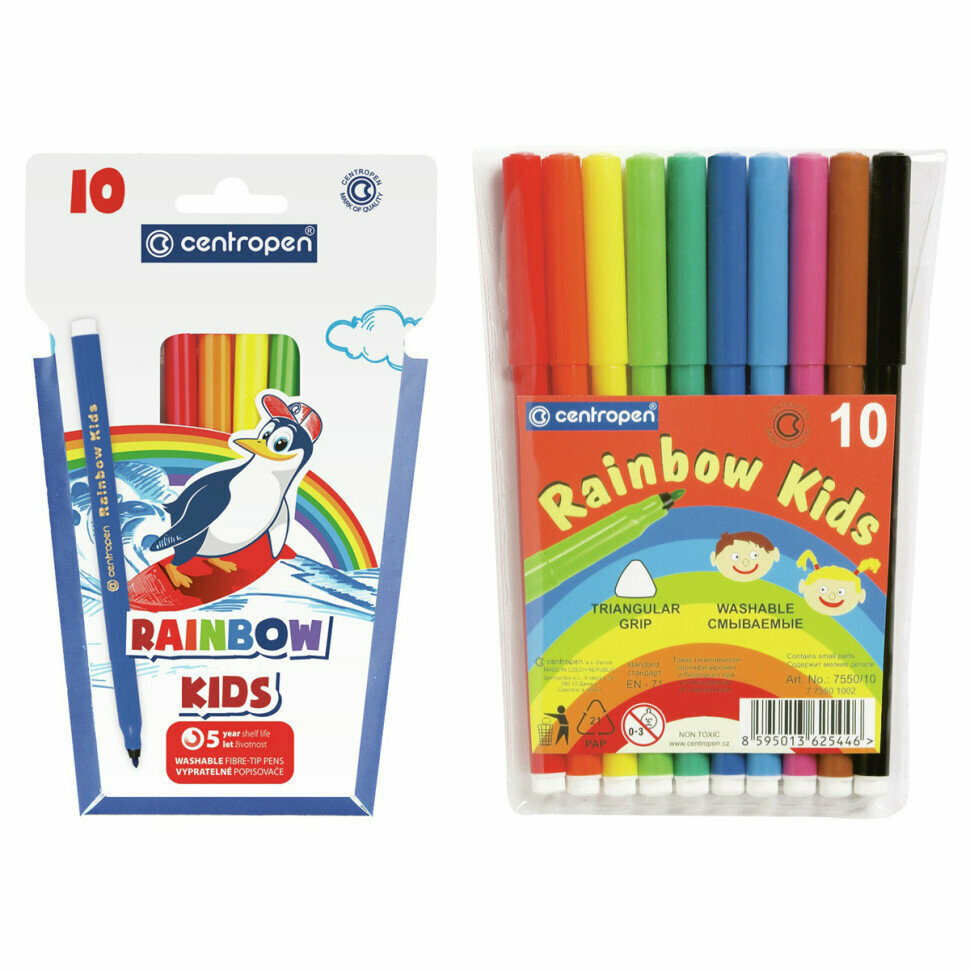 Фломастеры Centropen "Rainbow Kids", 10цв, трехгранные, смываемые, ПВХ, 222572