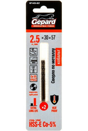 Сверло по металлу спиральное 2,5х30х57 мм GEPARD HSS-Co 2 штуки (GP1425-057)