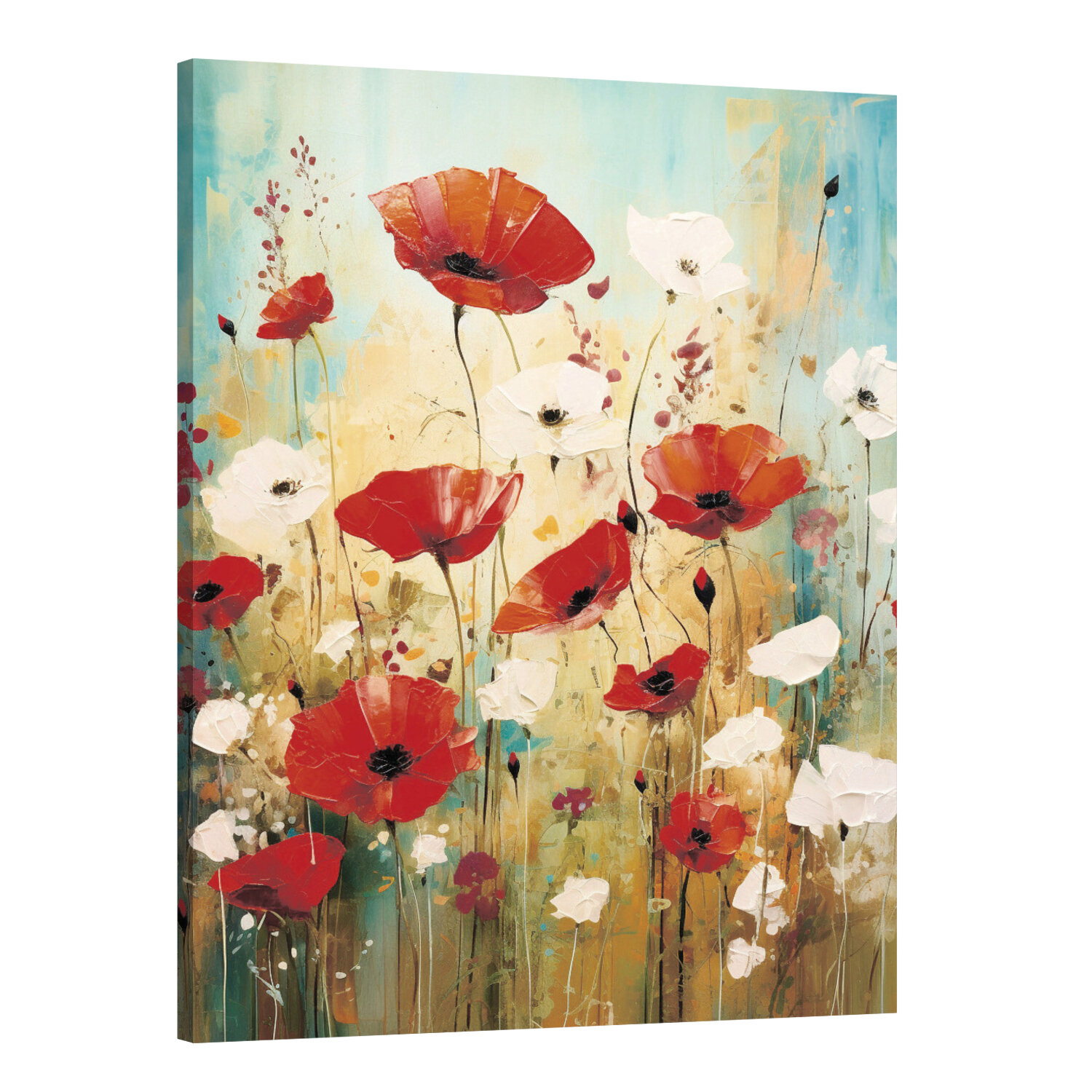 Интерьерная картина 50х70 "Пейзаж с солнцем, лугом и цветущими маками"