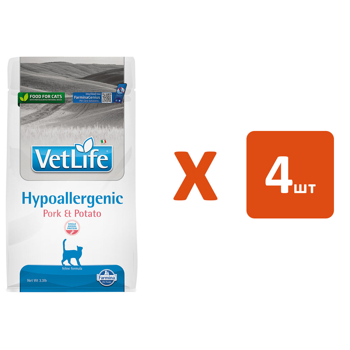 FARMINA VET LIFE FELINE HYPOALLERGENIC PORK & POTATO для взрослых кошек при пищевой аллергии непереносимости с картофелем и свининой (1,5 кг х 4 шт)