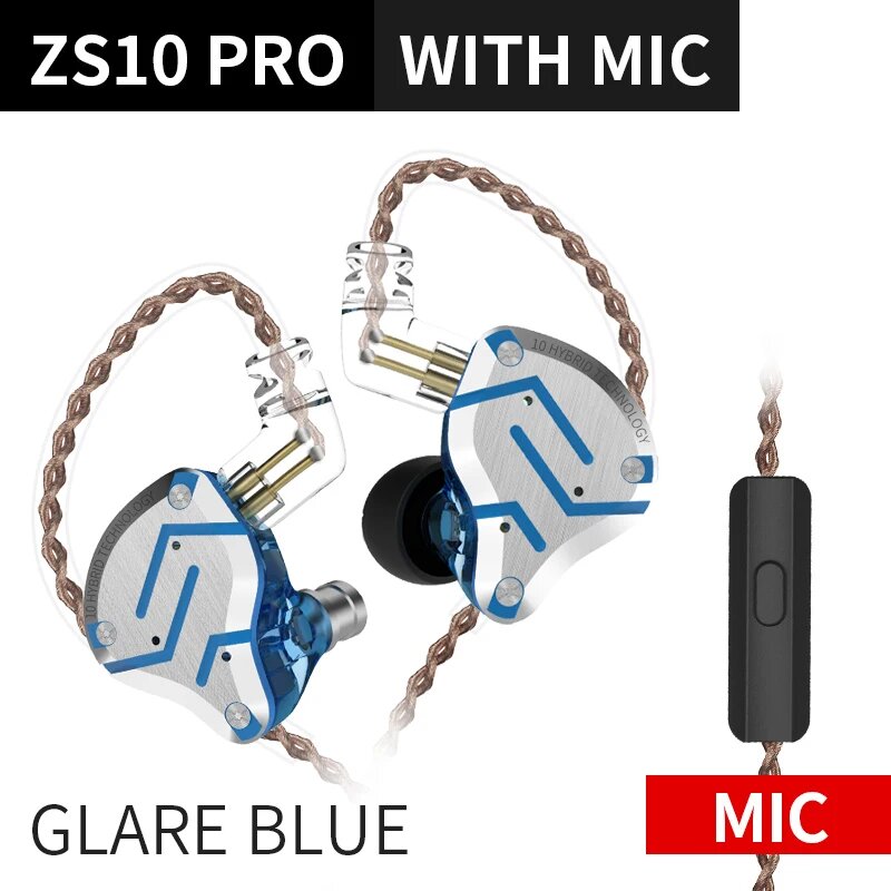 KZ ZS10 PRO металлические внутриканальные наушники Синий, glare blue with mic