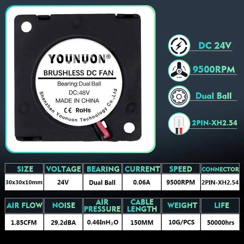 YOUNUON вентилятор 30x30x10мм, 24V, Dual Ball, 9500RPM