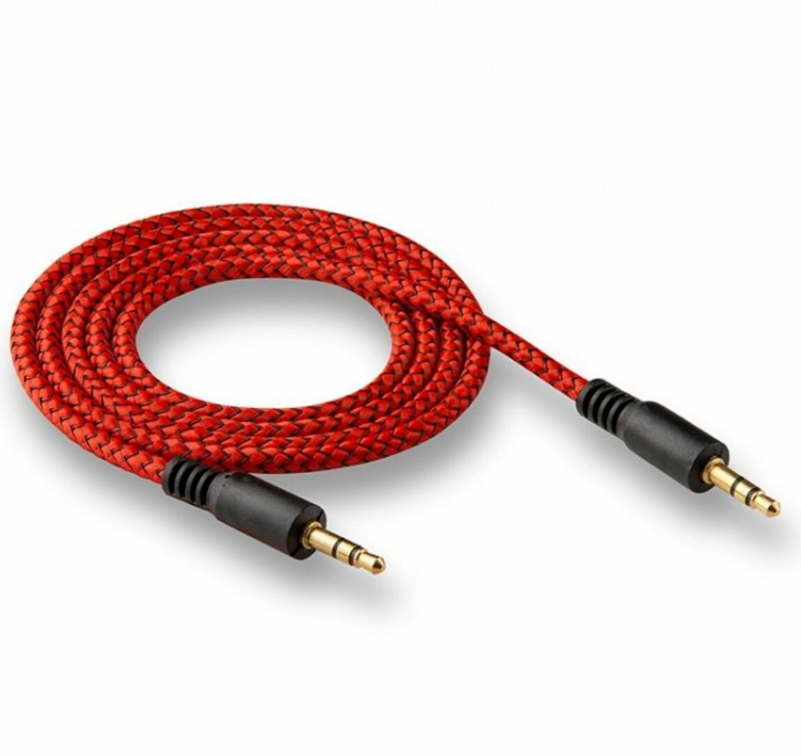 AUX кабель аудио 3.5 мм jack Cronax AT-03, ткань в переплёте, 1 метр, аукс кабель, красный