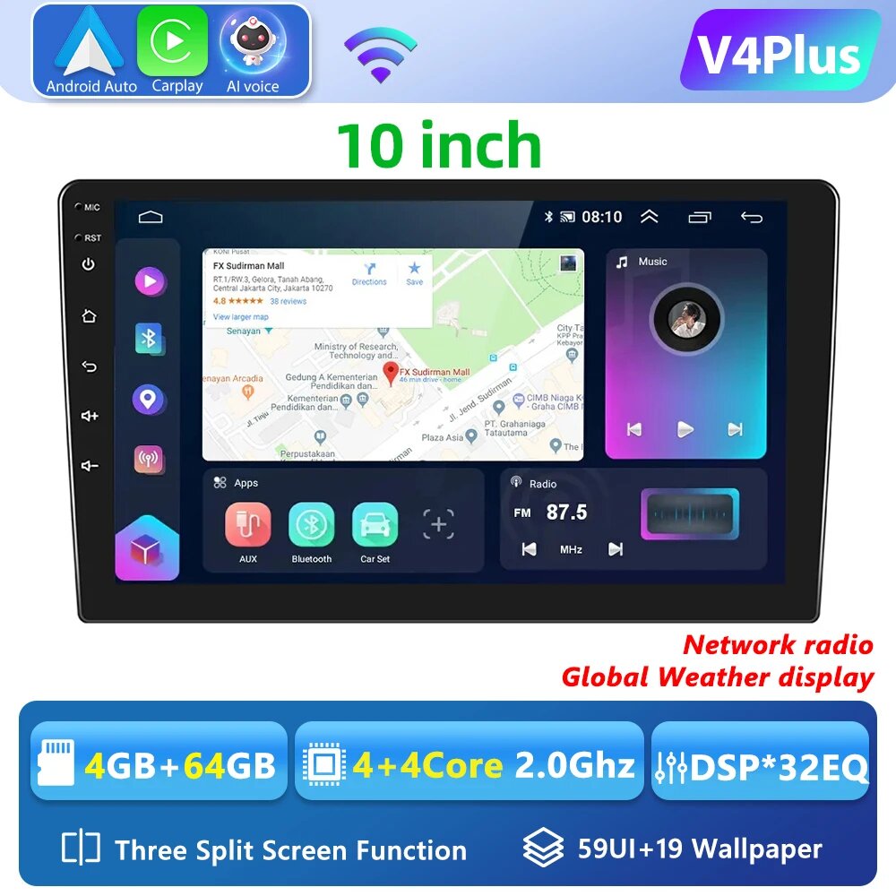 Podofo 8G 128G 2din автомобильный Android радио мультимедийный плеер 7/9/10 "GPS 10inch 4-64G 32EQ