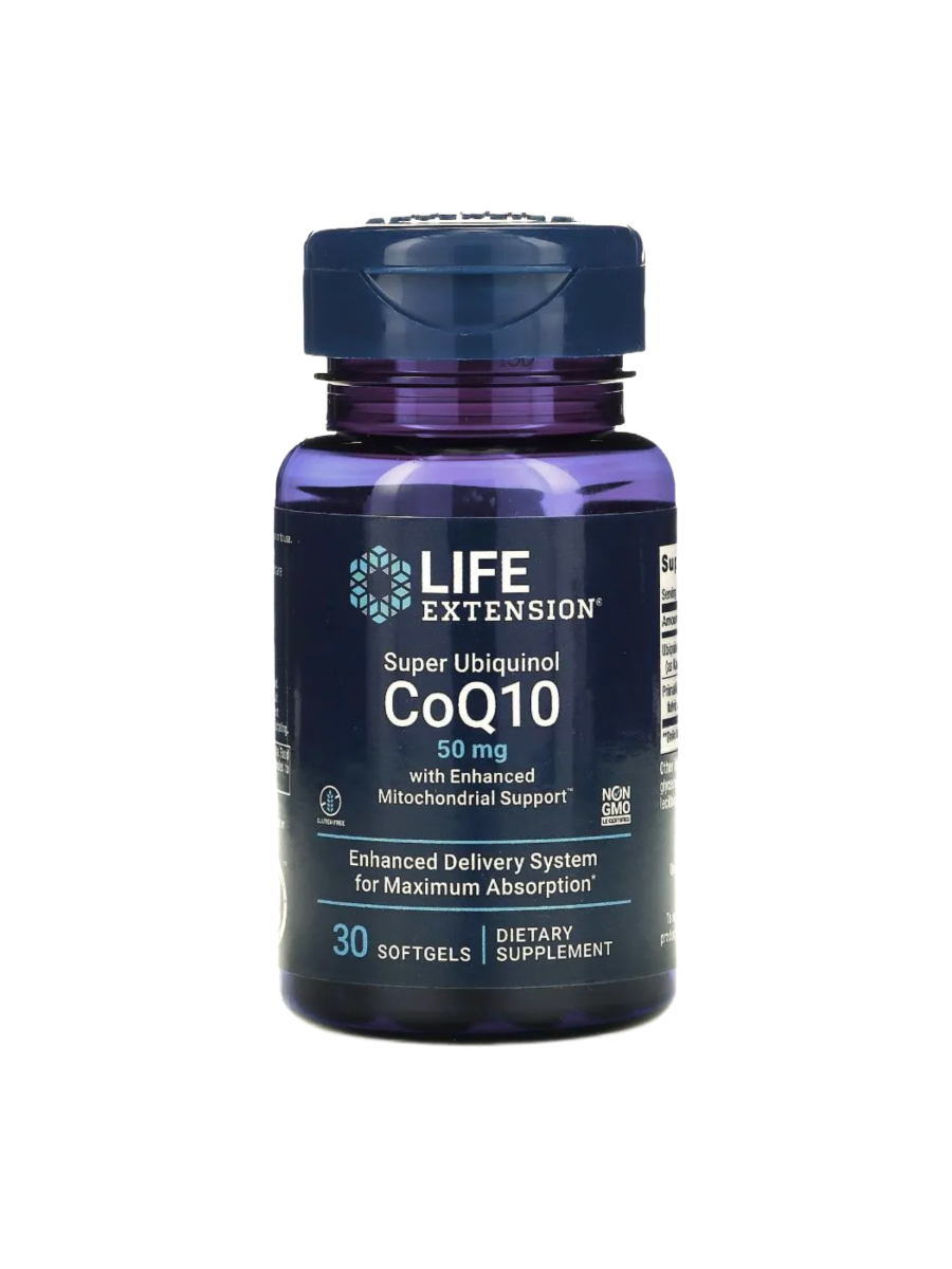 LIFE Extension Super Ubiquinol CoQ10 with Enhanced Mitochondrial Support™ 50 mg, 100 softgels.