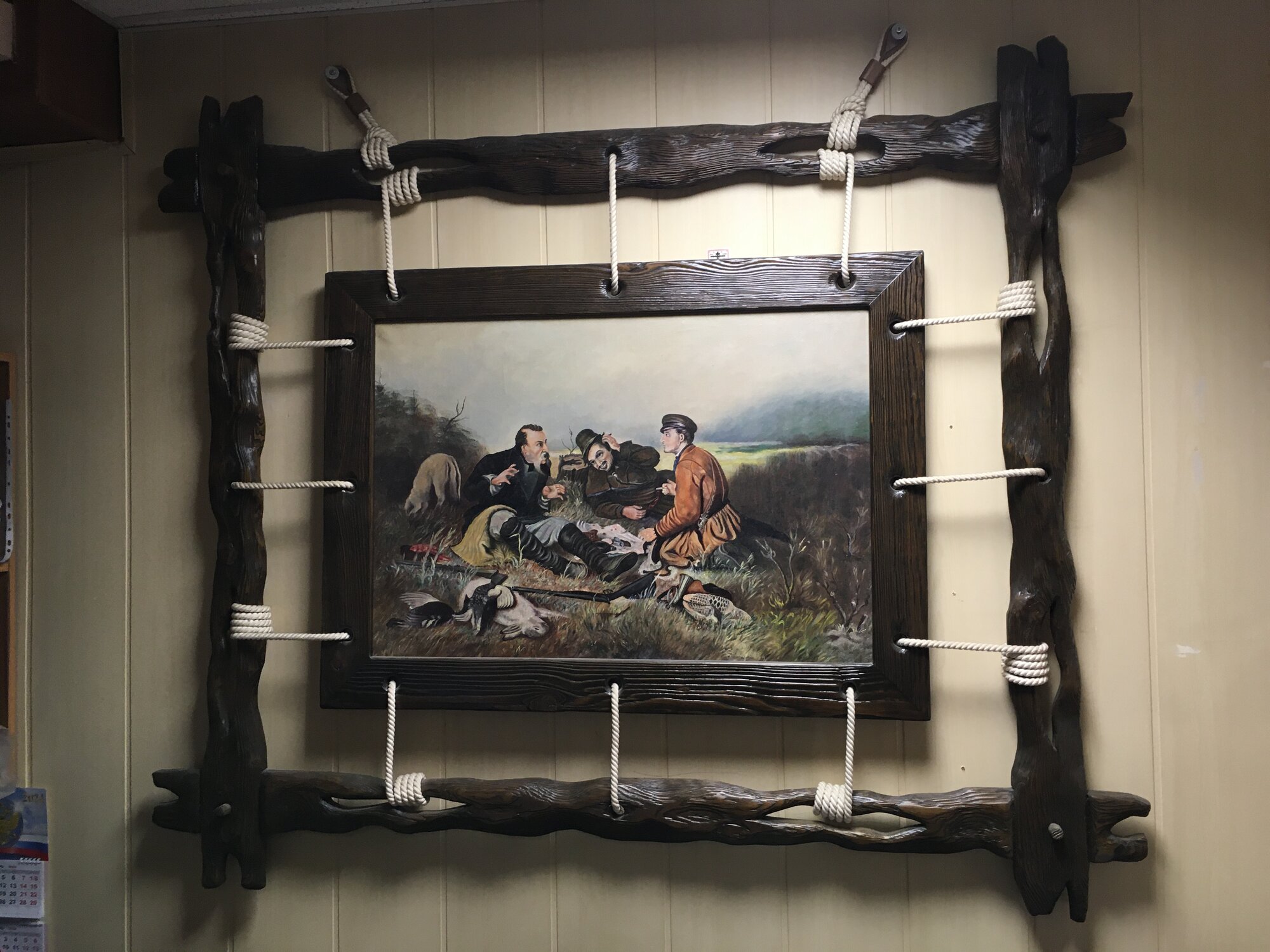 Картина для бани или охотничьего домика, "Охотники на привале", холст, масло, в деревянной дизайнерской рамке