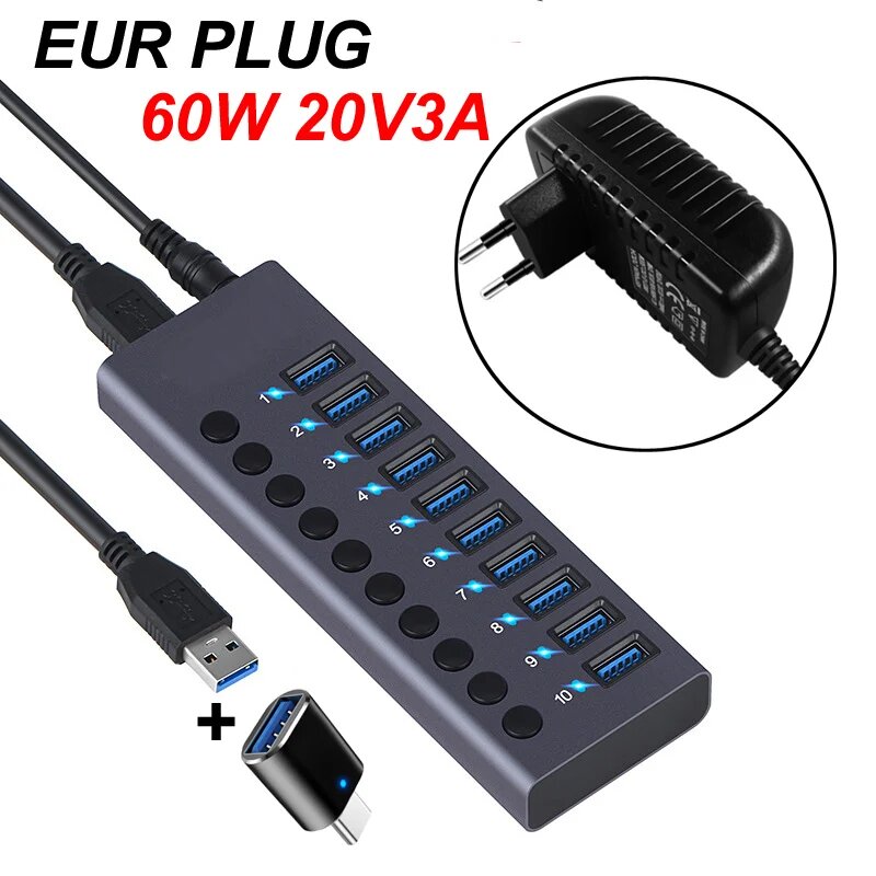 10-портовый USB 3.0 концентратор с EUR Plug