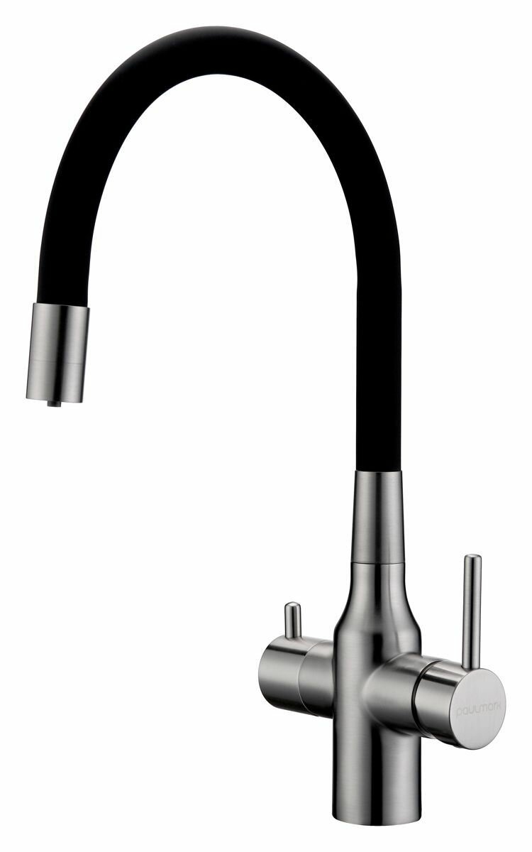 Смеситель для кухни с гибким изливом Paulmark SALIX никель, с подключением фильтра питьевой воды, Sa213419-NI