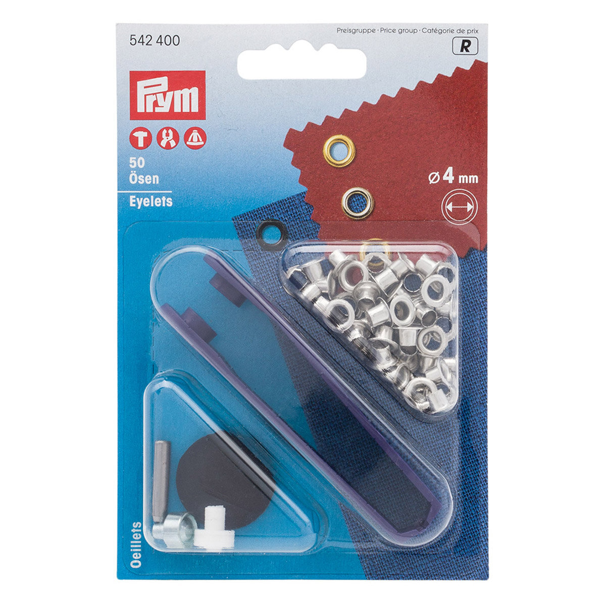 Блочки для ремня и бейсболок 4 мм Prym, 542400, латунь (серебристый), 50 шт + инструмент для установки