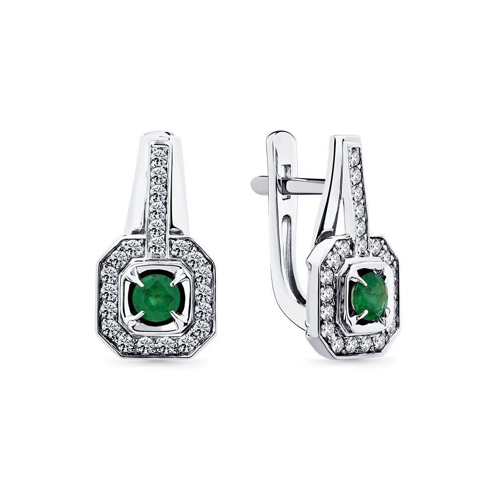 Серьги, белое золото, 585 проба, бриллиант, изумруд