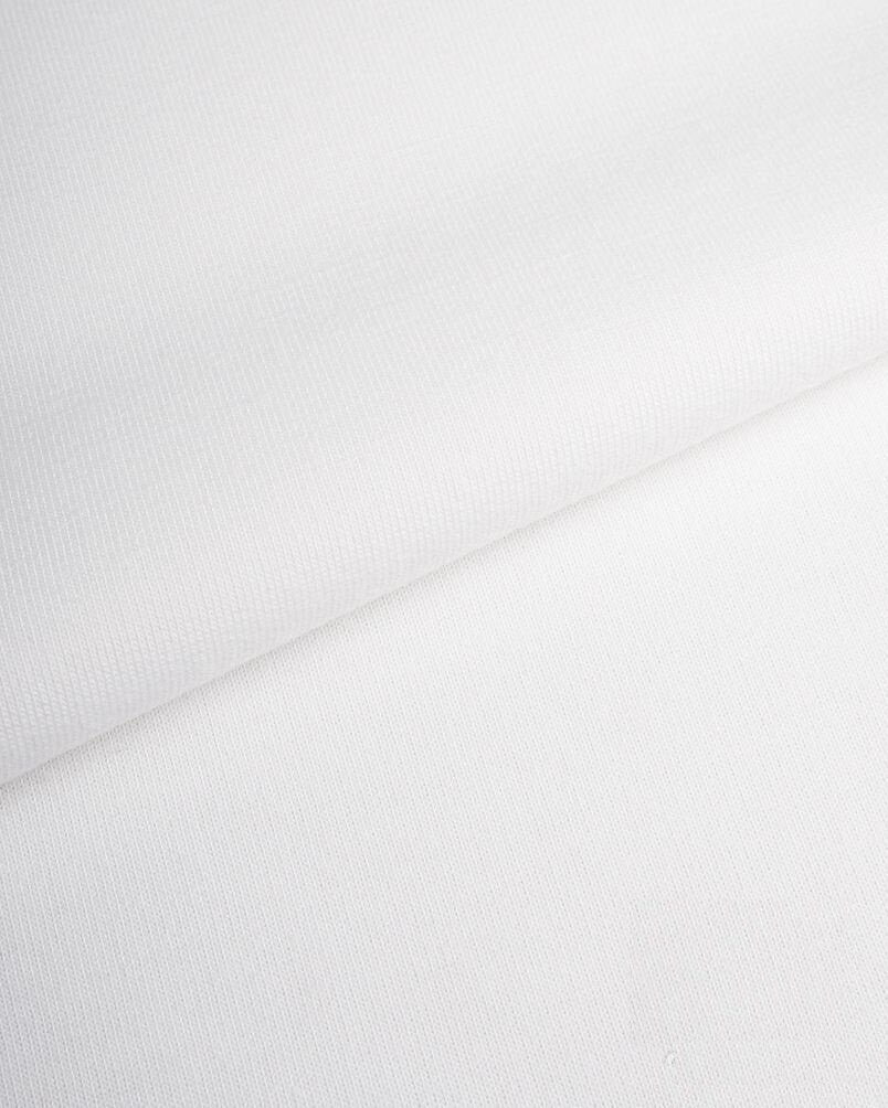 Ткань Футер 2-х нитка пенье. Состав: 73% хлопок, 22% пэ, 5% лайкра. Цвет белый. Готовый отрез 3*1,85 м.