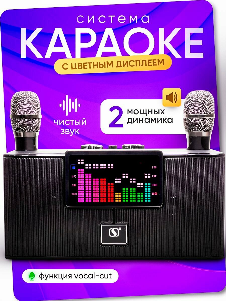 Караоке система VOXORIA с двумя беспроводными микрофонами с функцией Bluetooth и цветным дисплеем