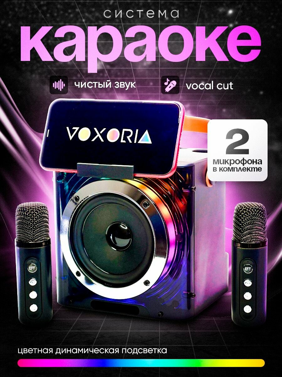 Караоке система VOXORIA с двумя беспроводными микрофонами и подсветкой