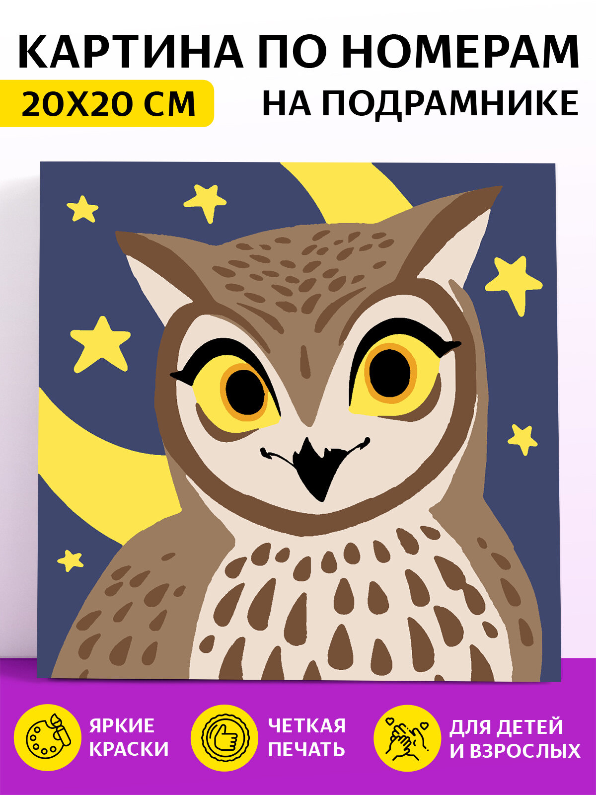 Картина по номерам на подрамнике для детей Сова и звездное небо 20х20 см