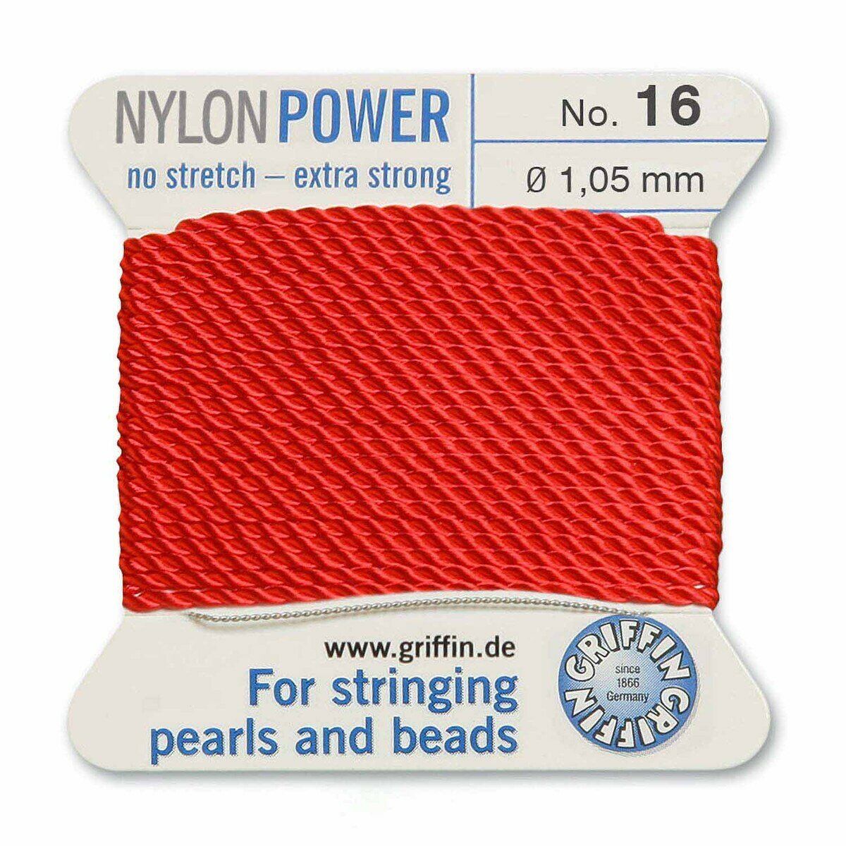 Нить нейлоновая, Griffin Nylon Power No.16 (1.05мм), красная, с иглой, моток, 2 метра