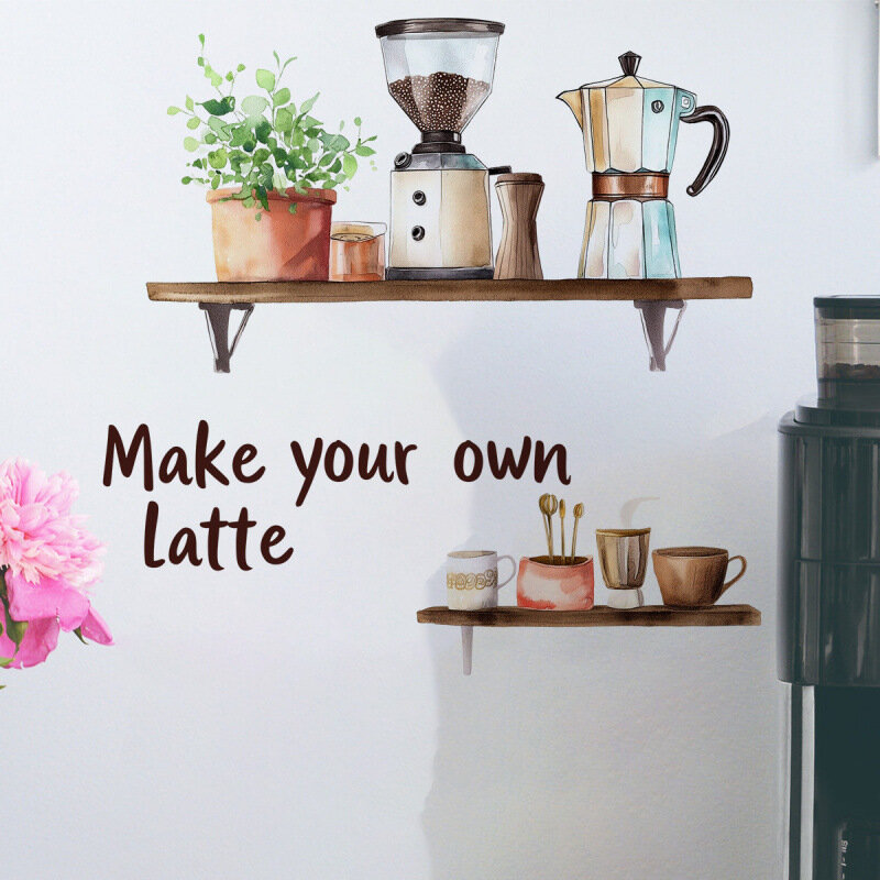 Создайте свои собственные настенные наклейки с изображением латте, настенные наклейки с аксессуарами для кофе: кофемолкой, чашками и кофеваркой эспрессо, декор для кухни и гостиной, съемные настенные наклейки из ПВХ для любителей кофе