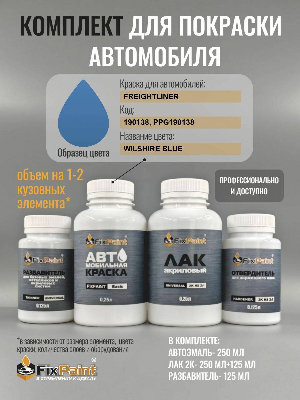 Комплект для покраски FREIGHTLINER, код 190138, PPG190138, WILSHIRE BLUE, базовая автомобильная эмаль 250 мл, лак 2K 250 мл с отвердителем, разбавитель 125 мл, FixPaint Pro