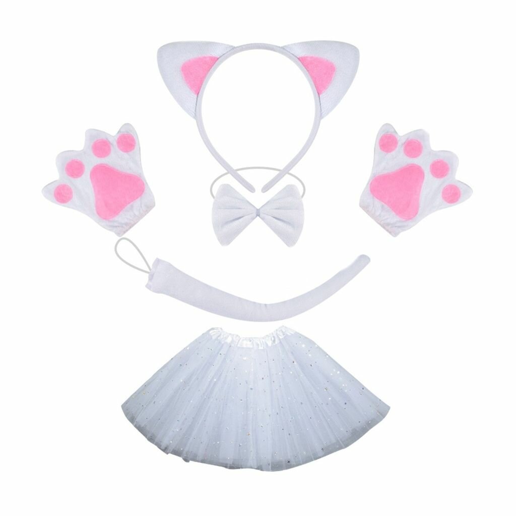 Аксессуары для игр с кошками - три предмета розового цвета белыми ушками, а также белые перчатки и белая юбка в виде звезды.