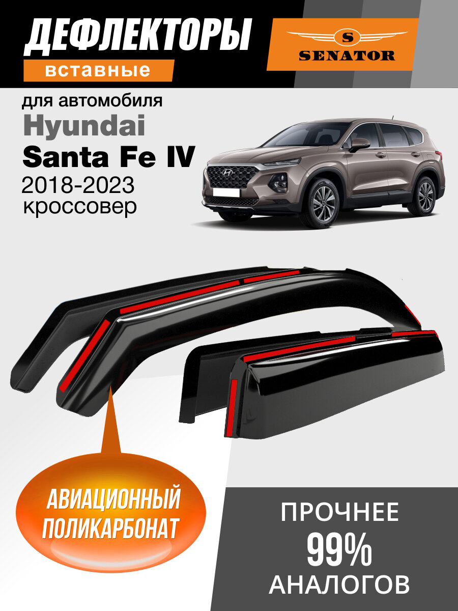 Дефлекторы окон Senator для Hyundai Santa Fe 4, ветровики Хендай Санта Фе 4 (2018-2023 г. в.), кроссовер, вставные, 4шт