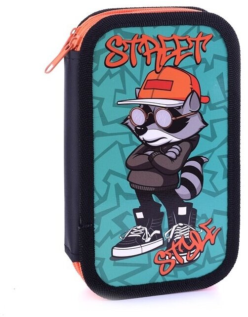 Пенал Пчелка двухсекционный большой тканевый торец ПО-090, крутой енот 2023