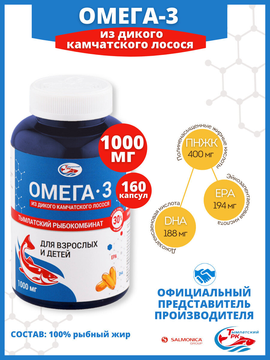 Омега 3 1000мг из дикого камчатского лосося, пищевая добавка рыбный жир (не рыбий жир) 160 капсул SALMONICA