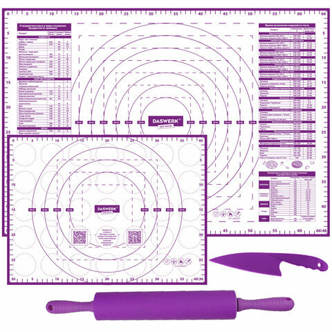 Коврики силиконовые для выпечки 4 в 1: Коврики 30×40см/46×66смНож 24смСкалка DASWERK 608429