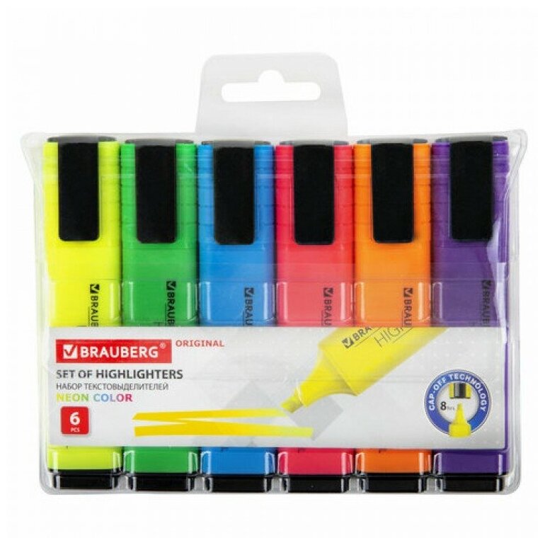 Набор текстовыделителей 6 цветов, BRAUBERG "ORIGINAL NEON", линия письма 1-5 мм, 152216