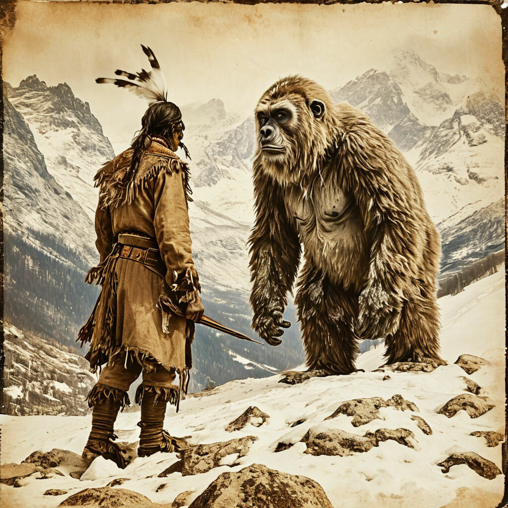 "A mountain slope, on which an Indian stands next to a huge snow yeti ...