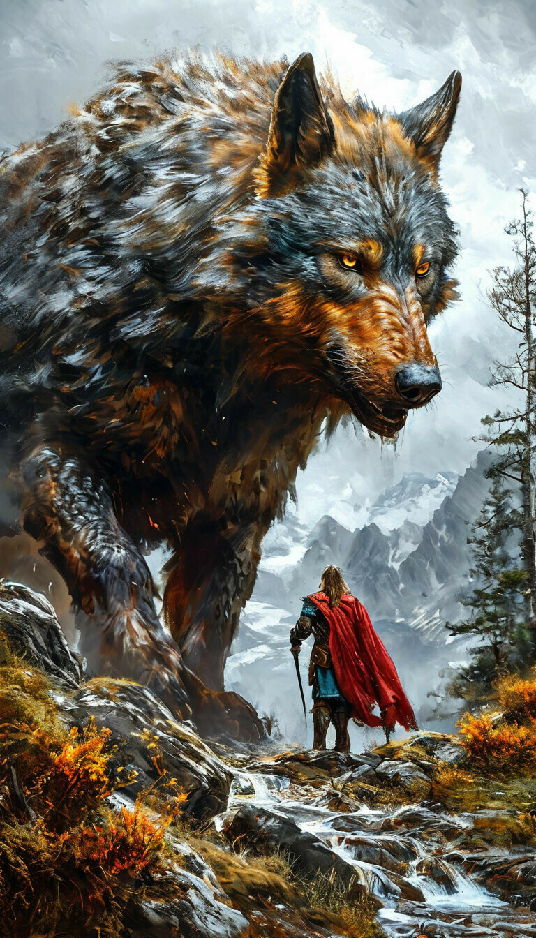 "Double exposure of Fenrir and Thor in the style of the artist Boris ...
