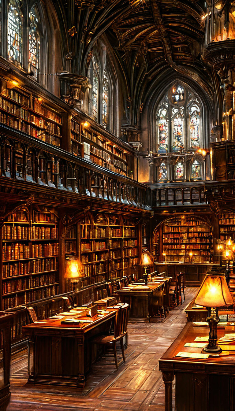 "A large library with many tables in the style of Harry Potter, unusual ...