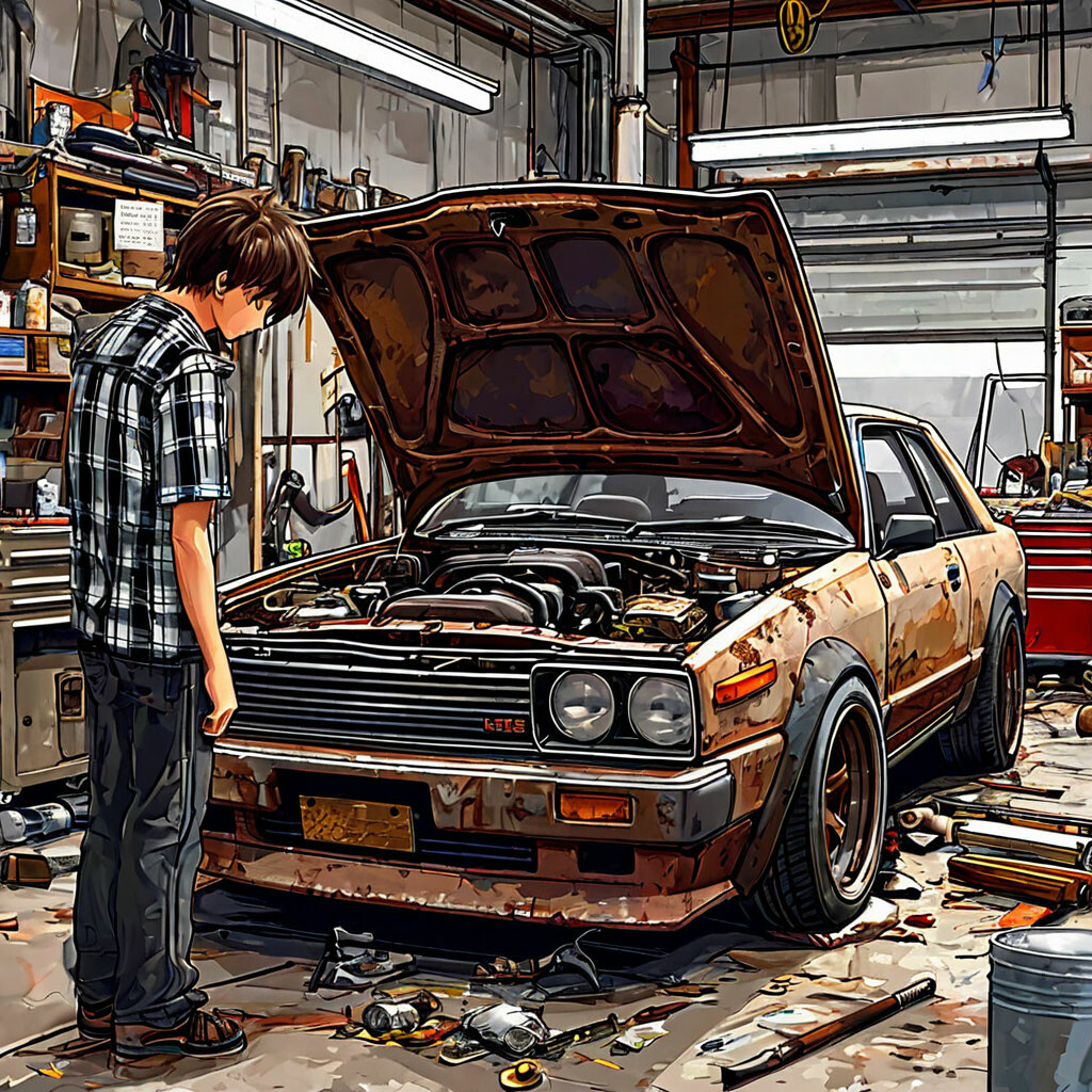 "In a car repair shop, a young guy in a black and white plaid shirt ...