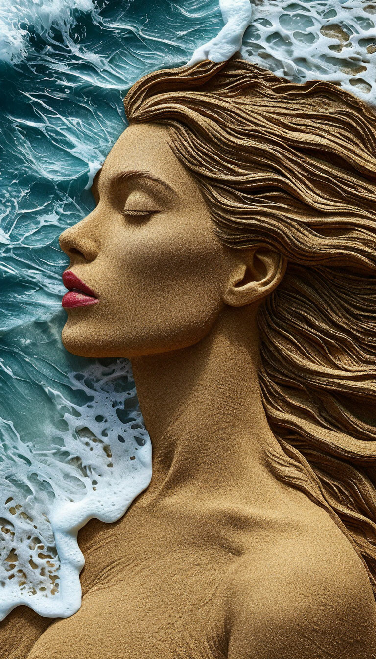 "On the sand image of a woman made of sand on the beach,marine makeup,sea,5D,waves,hyperrealism ...
