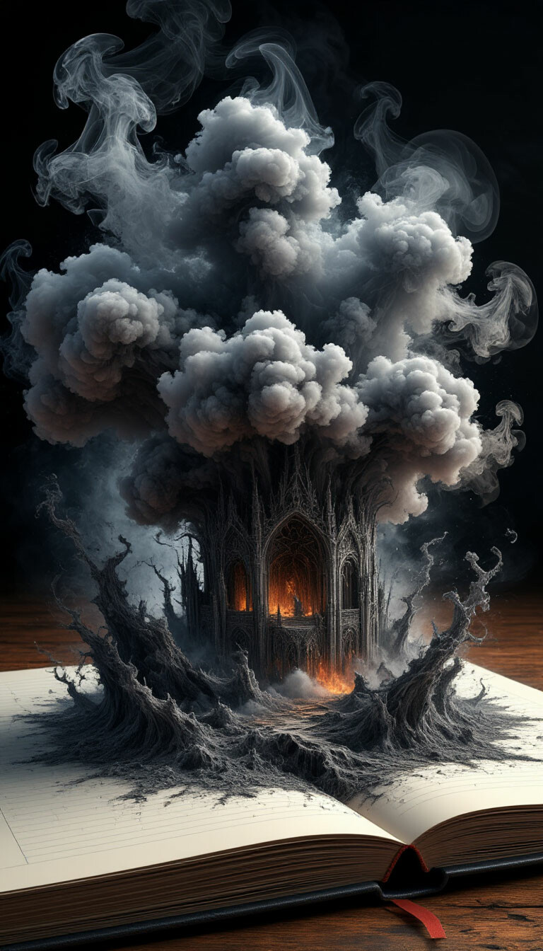 "Fractal 3D drawing of clouds of smoke and ash on a notebook, animated ...