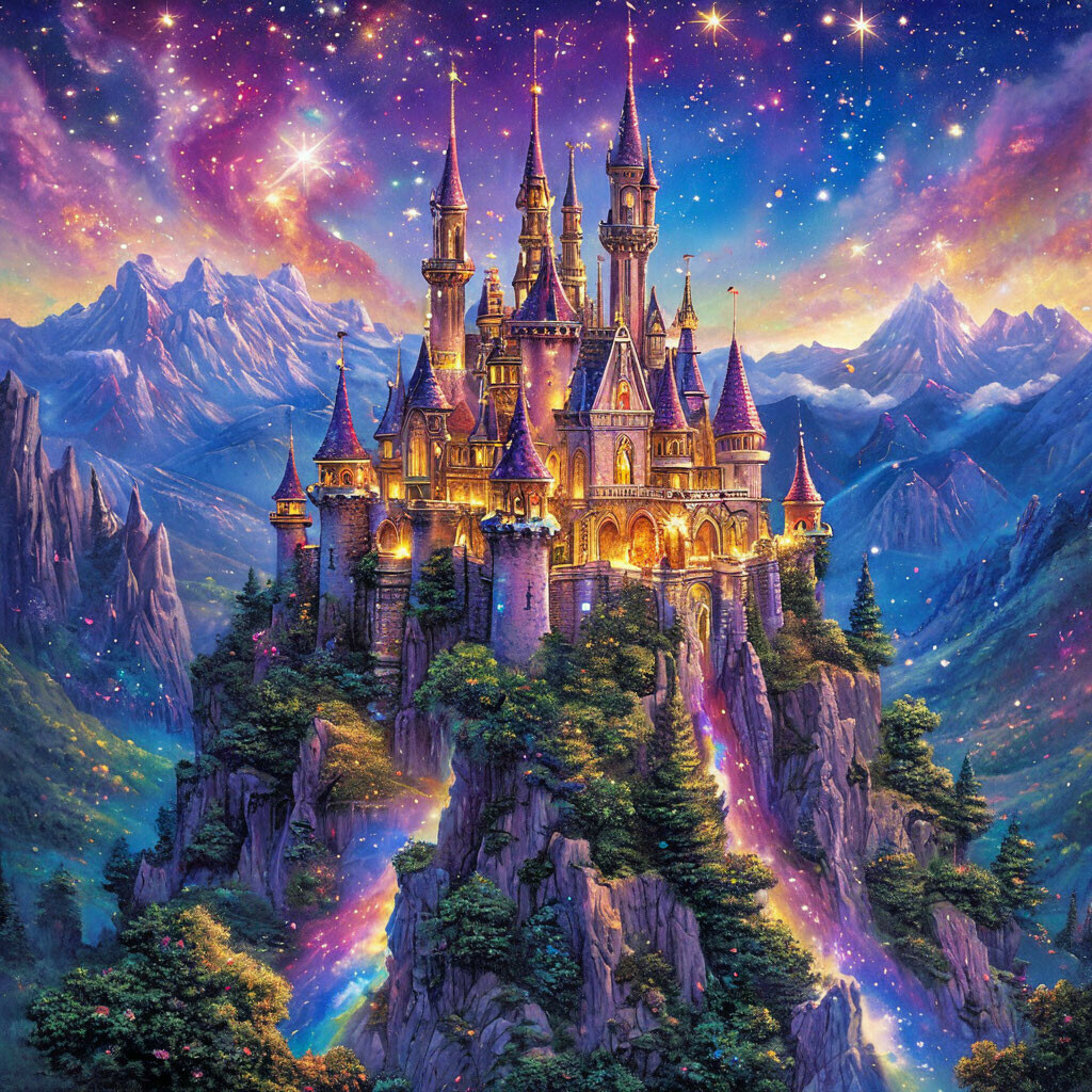 "Magic castle from the mountain magic rainbow iridescent tones light ...